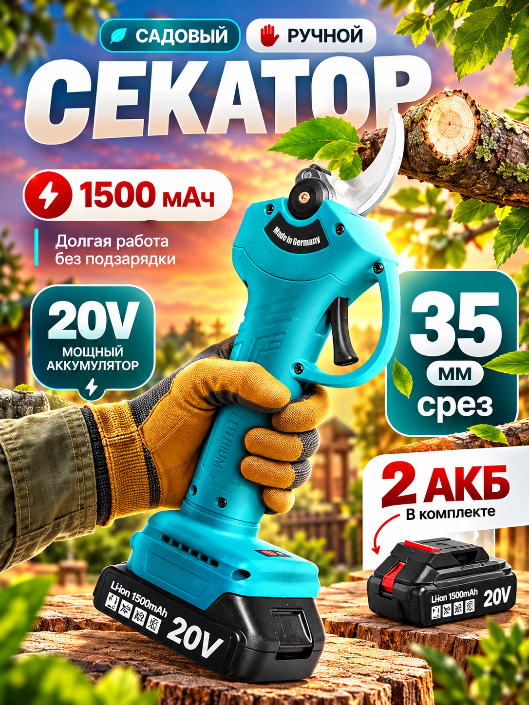 Секатор, двусторонний, 35 мм, 2 аккумулятора, 1,5 Ач, зеленый