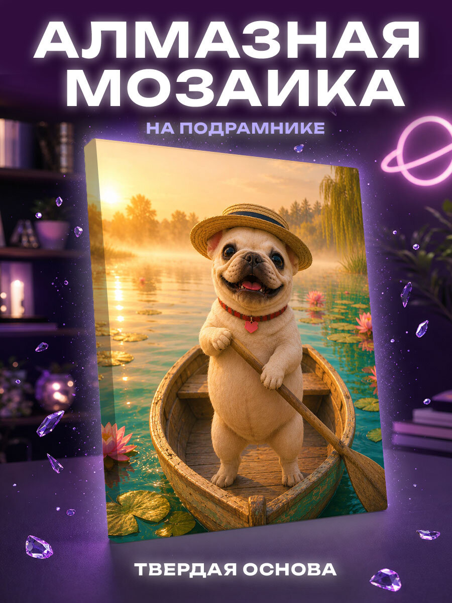 Алмазная мозаика Романтичный pibble в лодке среди кувшинок