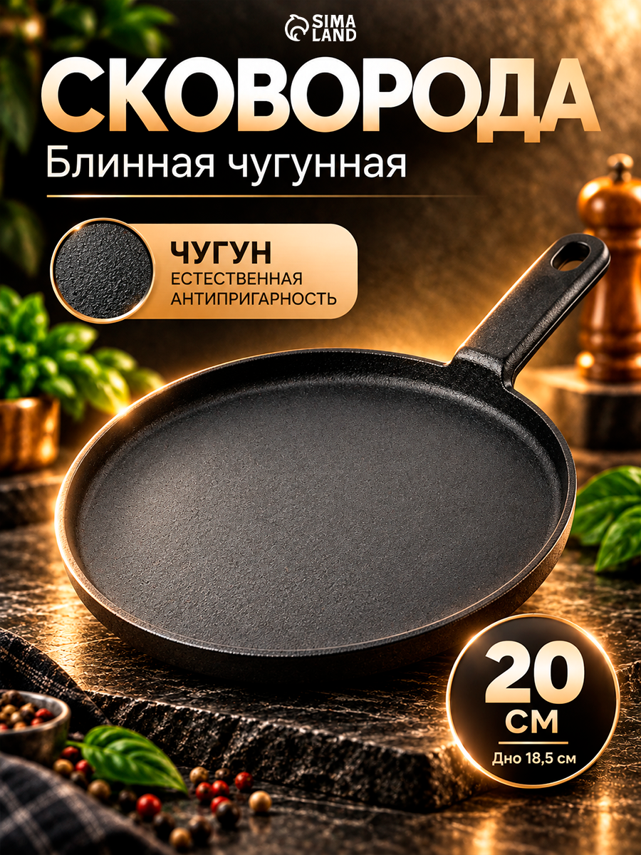 Сковорода SKYPHOS блинная чугунная «Круг», d=20 см, чугунная ручка