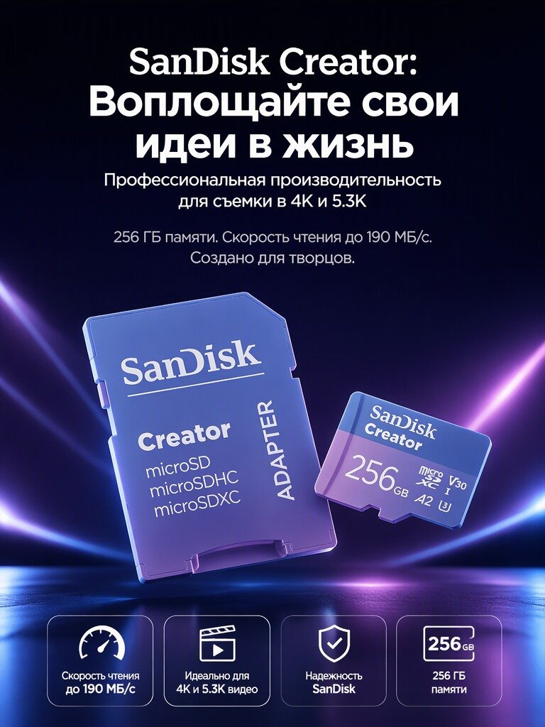 Карта San-Disk Creator 256ГБ microSD, чт 190МБ/с, зап 130МБ/с, V30 A2, для дронов и экшн-камер, видео 5.3K
