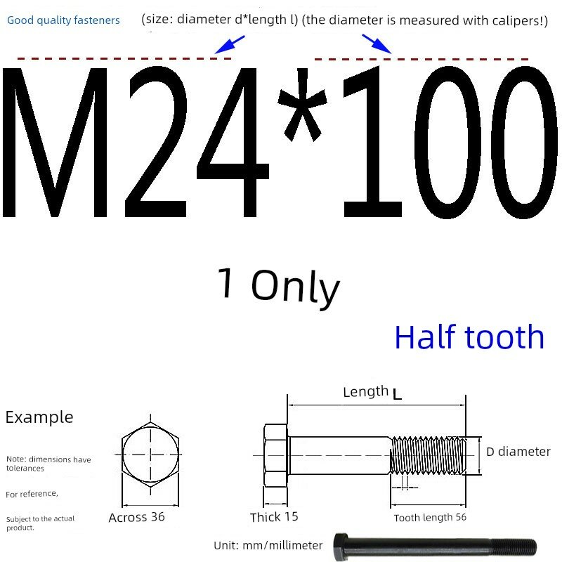 M24 x 100 мм Высокопрочный шестигранный болт с полурезьбой, класс 12.9