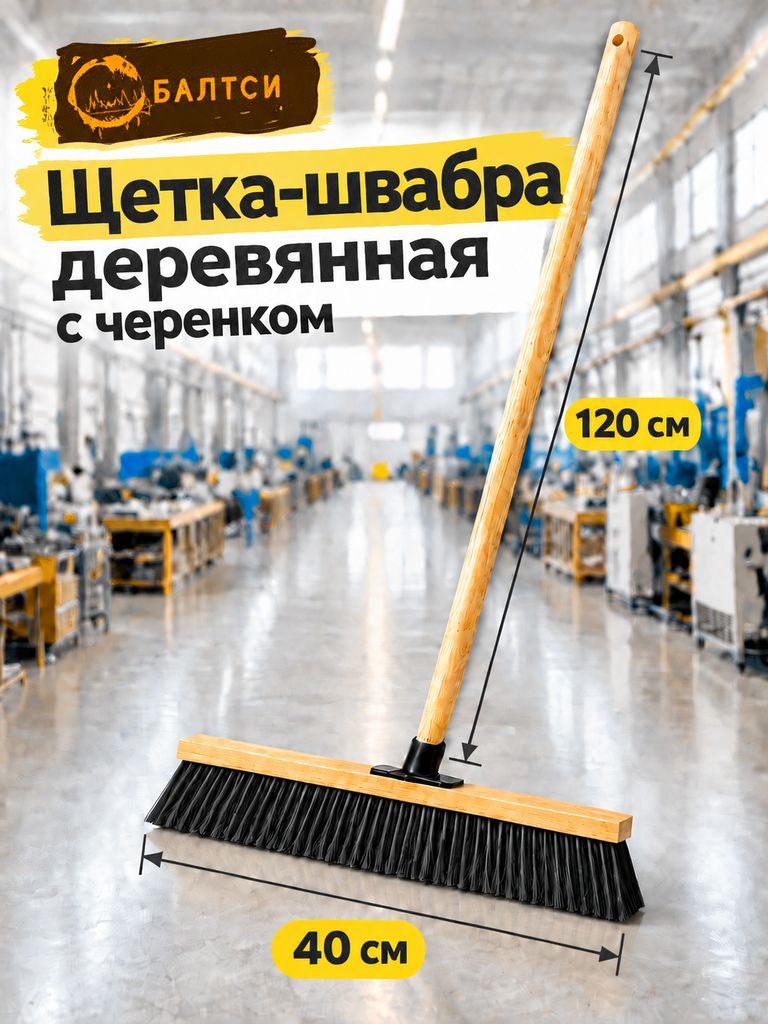 Щетка для уборки пола деревянная, швабра 400 мм с черенком 1200 мм, жесткий ворс для улицы и двора