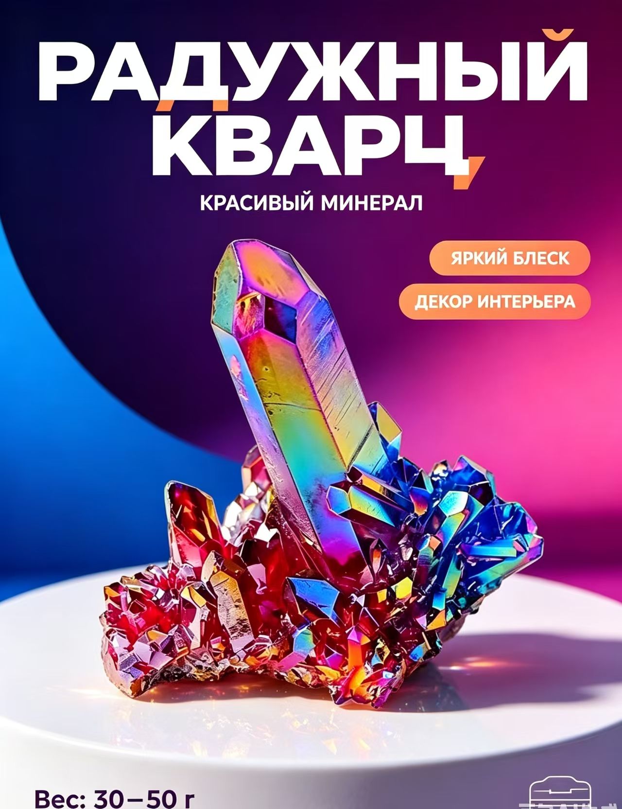 Радужная аура кварцевая друза 30-50 г, декор из натурального камня