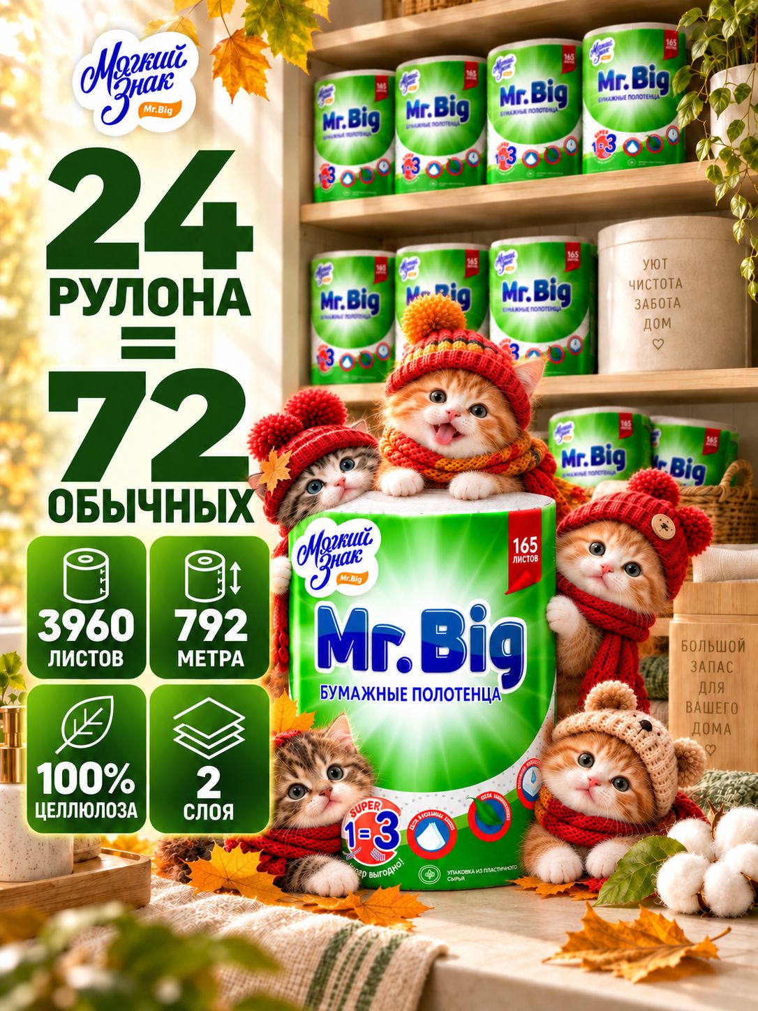 Бумажные полотенца Mr.Big 2 слоя, 3960 листов, 792 метра, 24 рулона, двухслойные полотенца Мягкий Знак С5