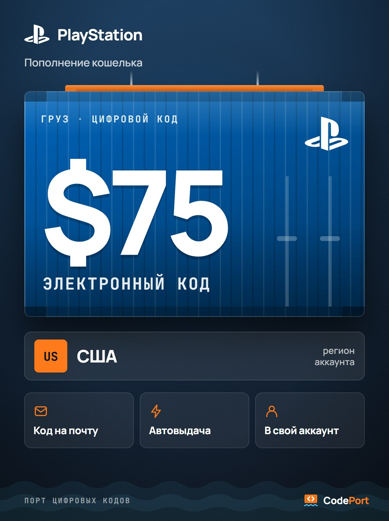 Подарочная карта PlayStation Store $75, США — цифровой код для PS4 и PS5