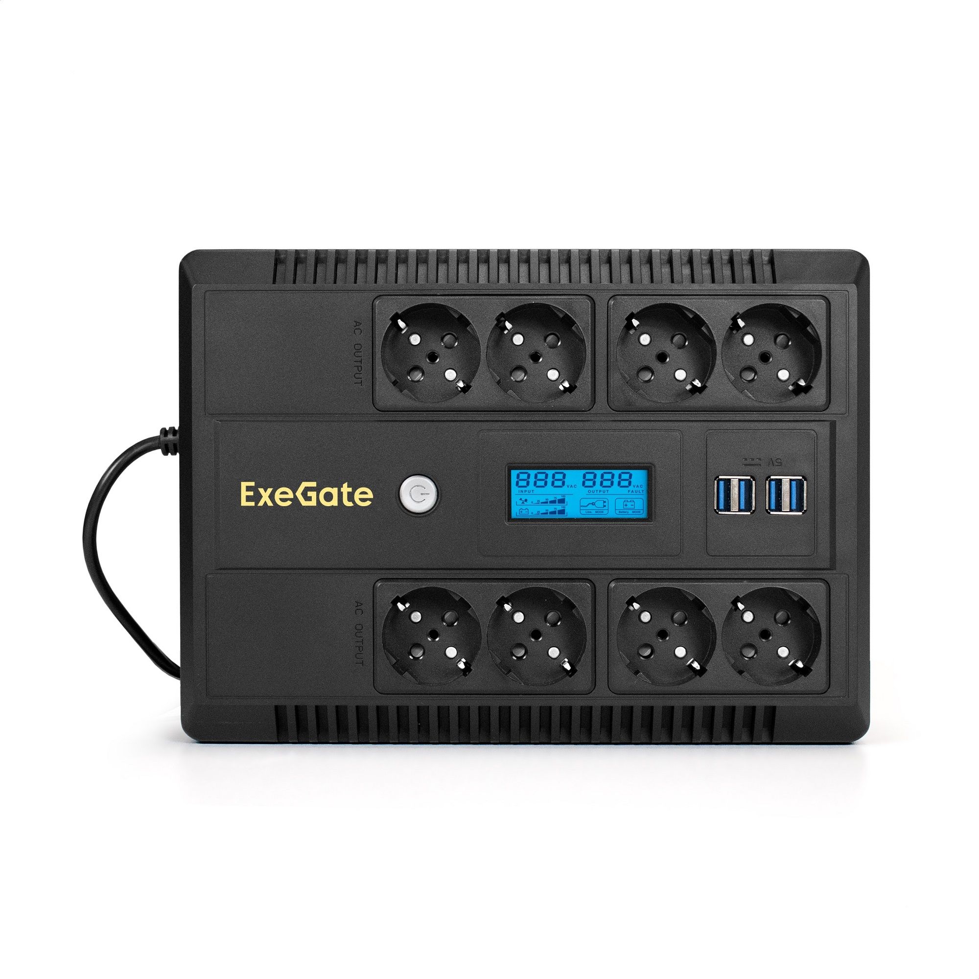 ИБП ExeGate NEO Smart LHB-650. LCD. AVR.8SH. CH. RJ. USB (650VA/360W, LCD, AVR, 8*Schuko, RJ45/11, USB, 4*USB-порта для зарядки, батарея 12V 7.2Ah, Black)