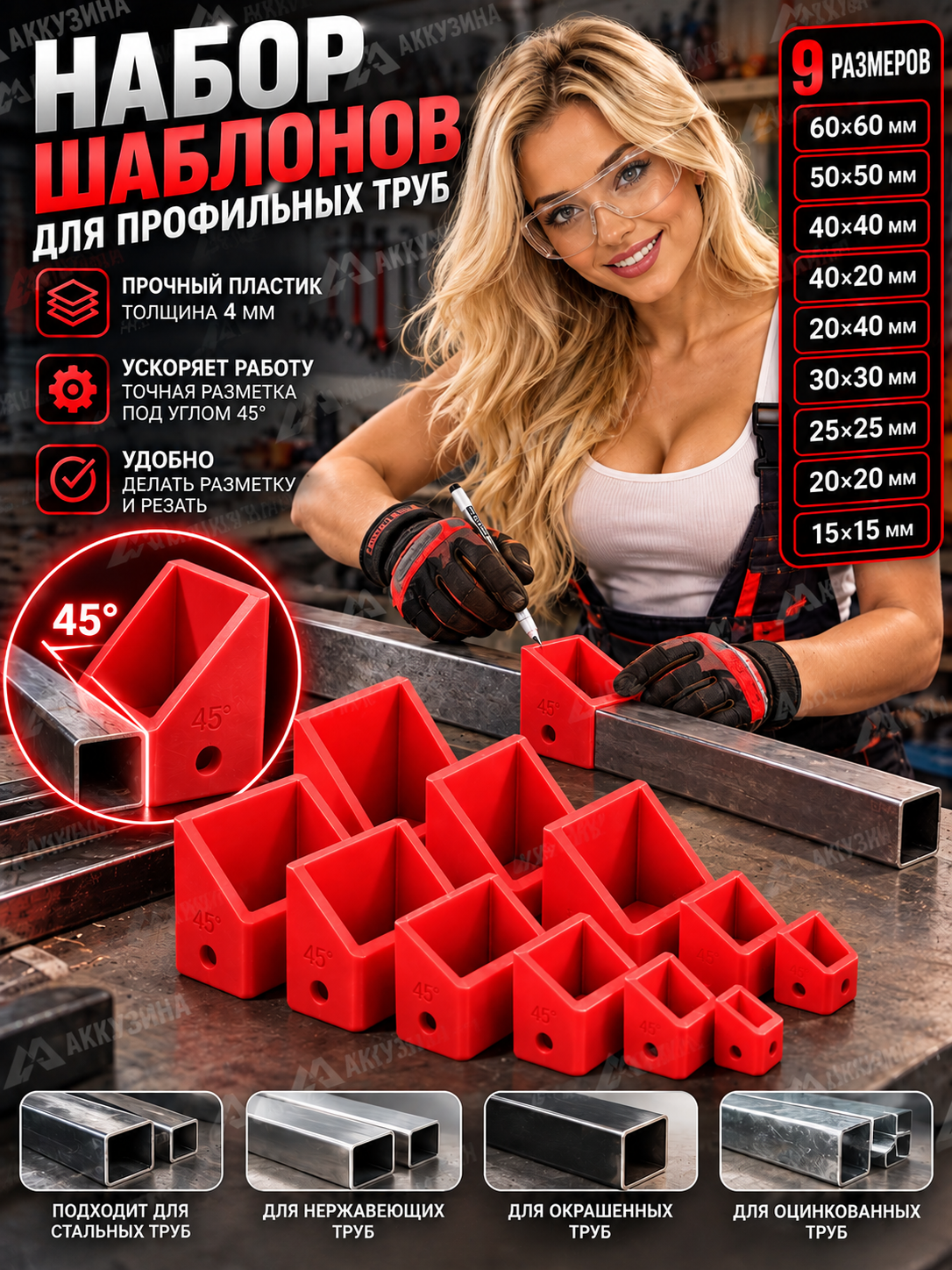 Набор шаблонов для профильных труб 9 размеров (15x15-60x60 мм)