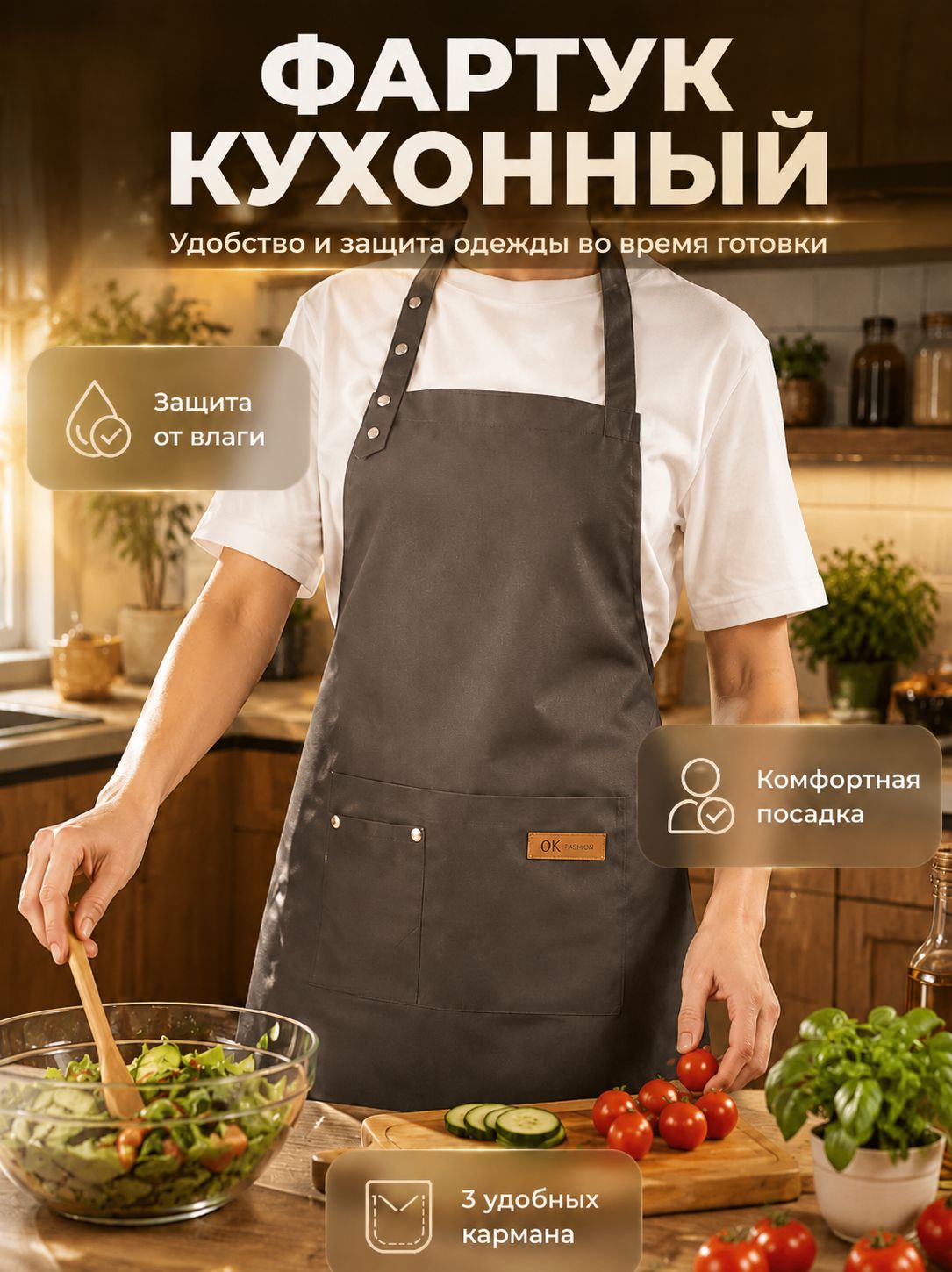 Фартук кухонный с карманами, передник поварской для готовки, мужской и женский