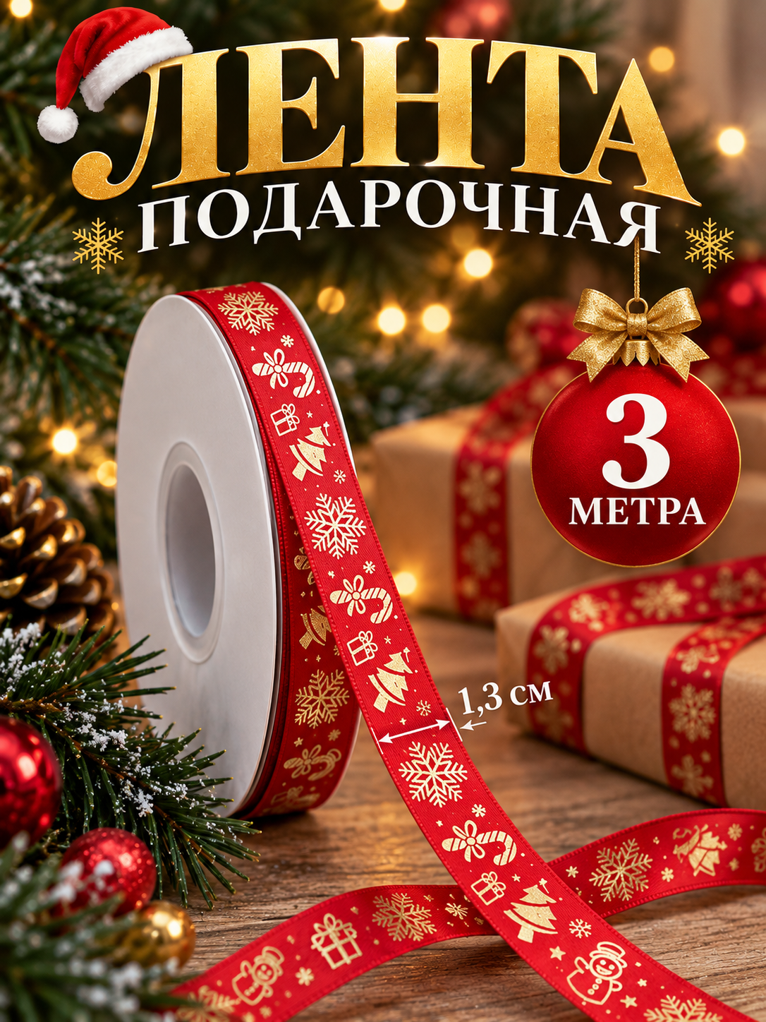 3 метра. Цвет красный. Новогодняя декоративная лента с золотым тиснением для упаковки подарков. Ширина 1,3 см