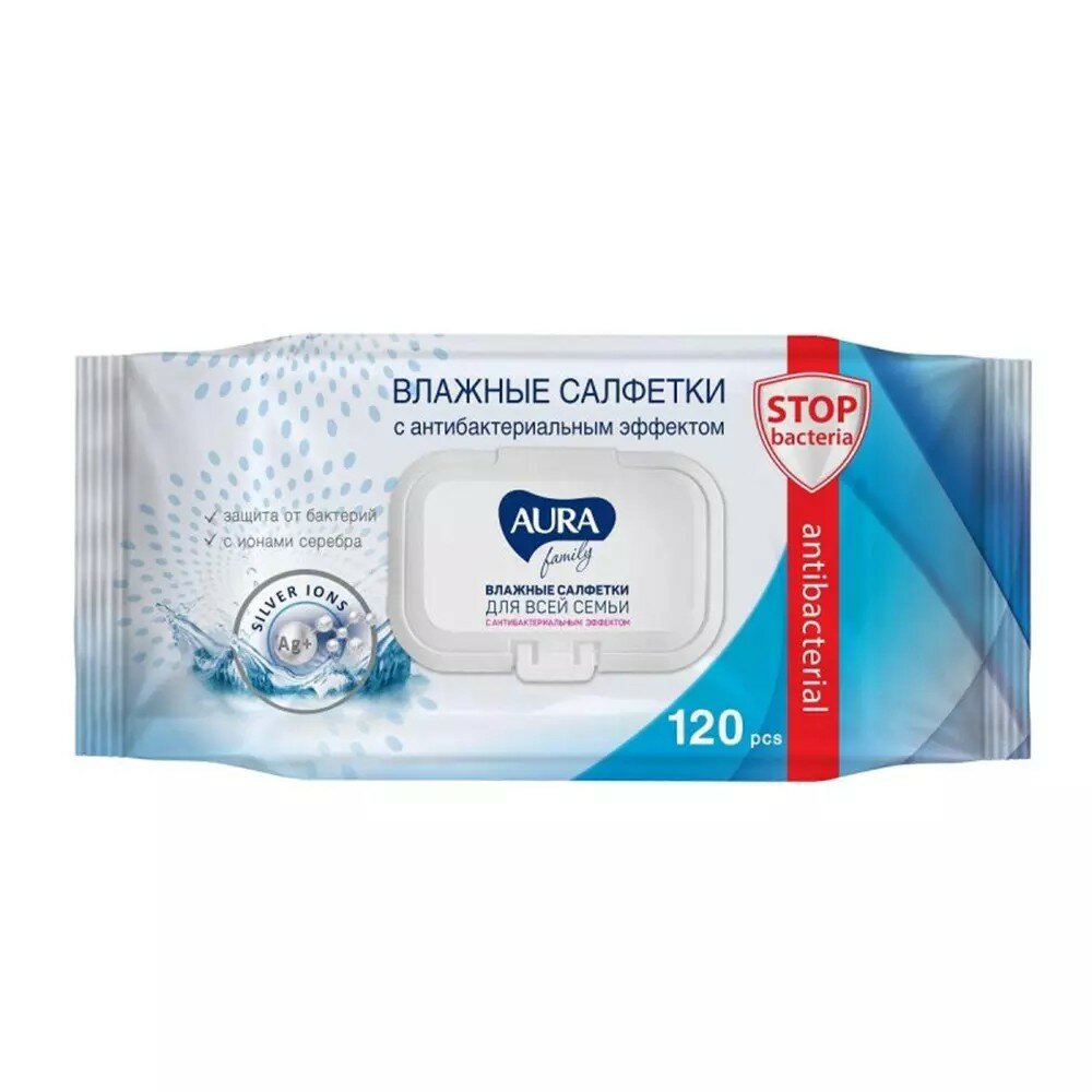 Влажные салфетки антибактериальные 120 шт AURA Family