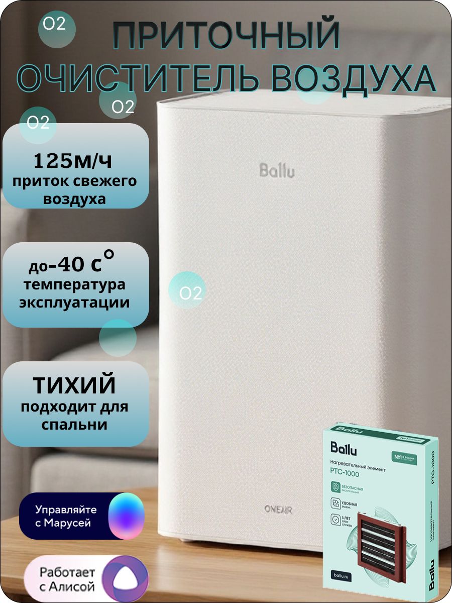 Инверторный приточный очиститель воздуха Ballu ONEAIR ASP-100 с нагревателем, белый