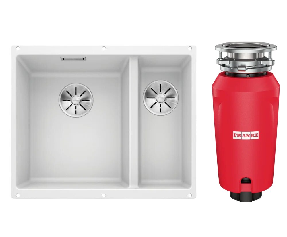 Комплект Мойка Blanco Subline 340/160-U 523552 55x46, белая, искусственный гранит / Измельчитель Franke 134.0715.096 механический