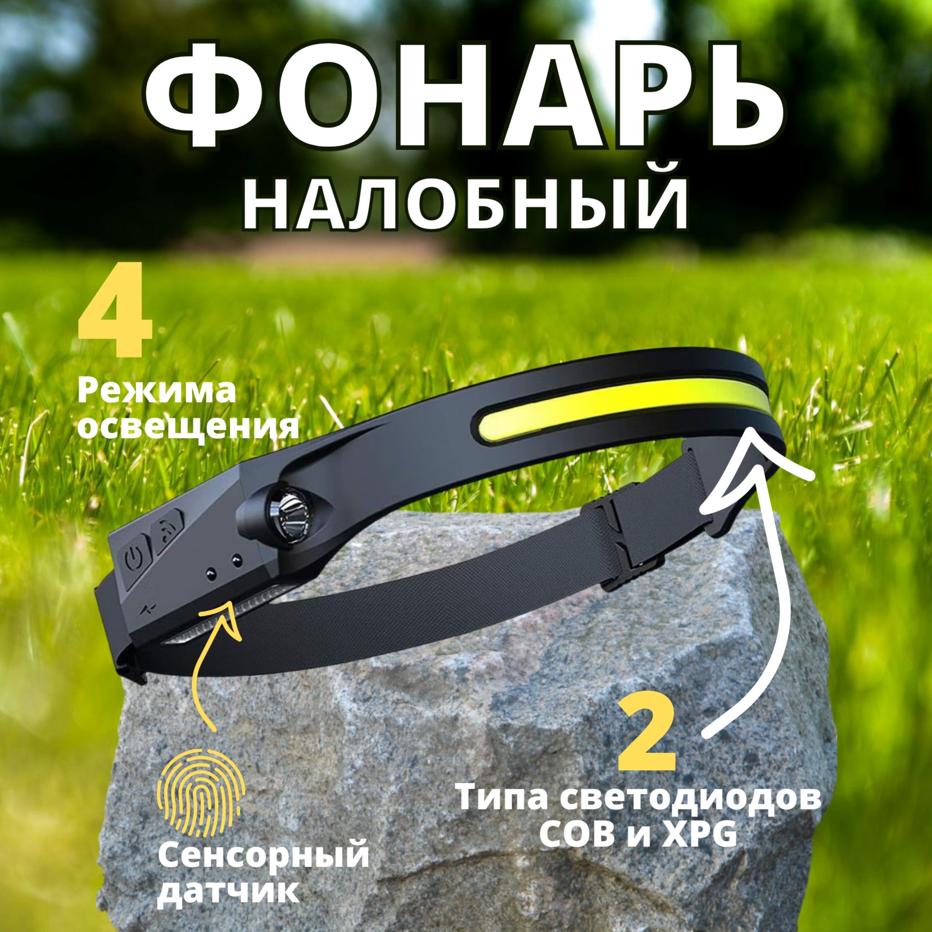 Фонарик сенсорный налобный светодиодный, для охоты и рыбалки, аккумуляторный, фонарик для бега и велоспорта, туристический, для работы