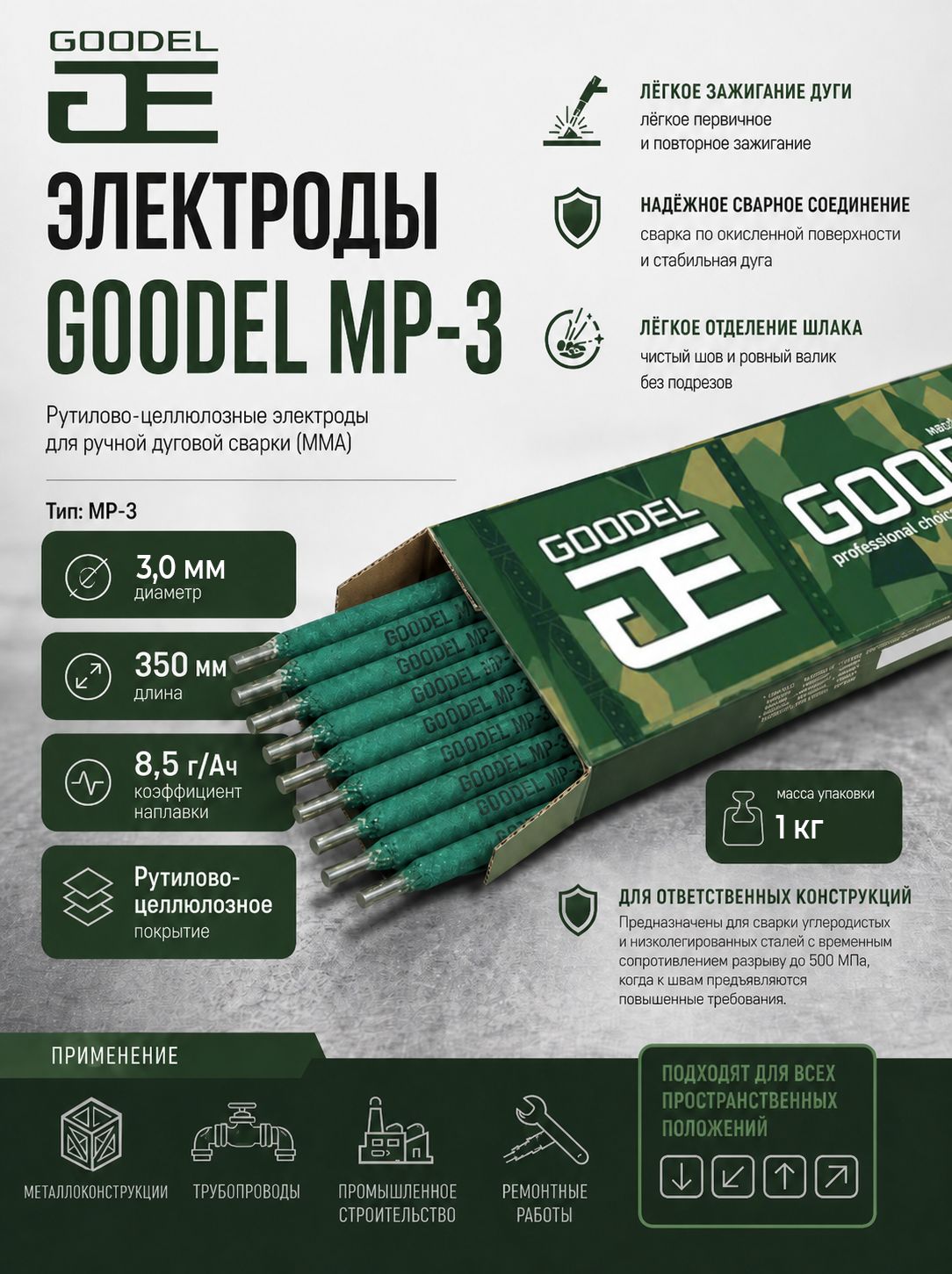 Электроды GOODEL МР-3 3*350 (1,0 кг) зеленые