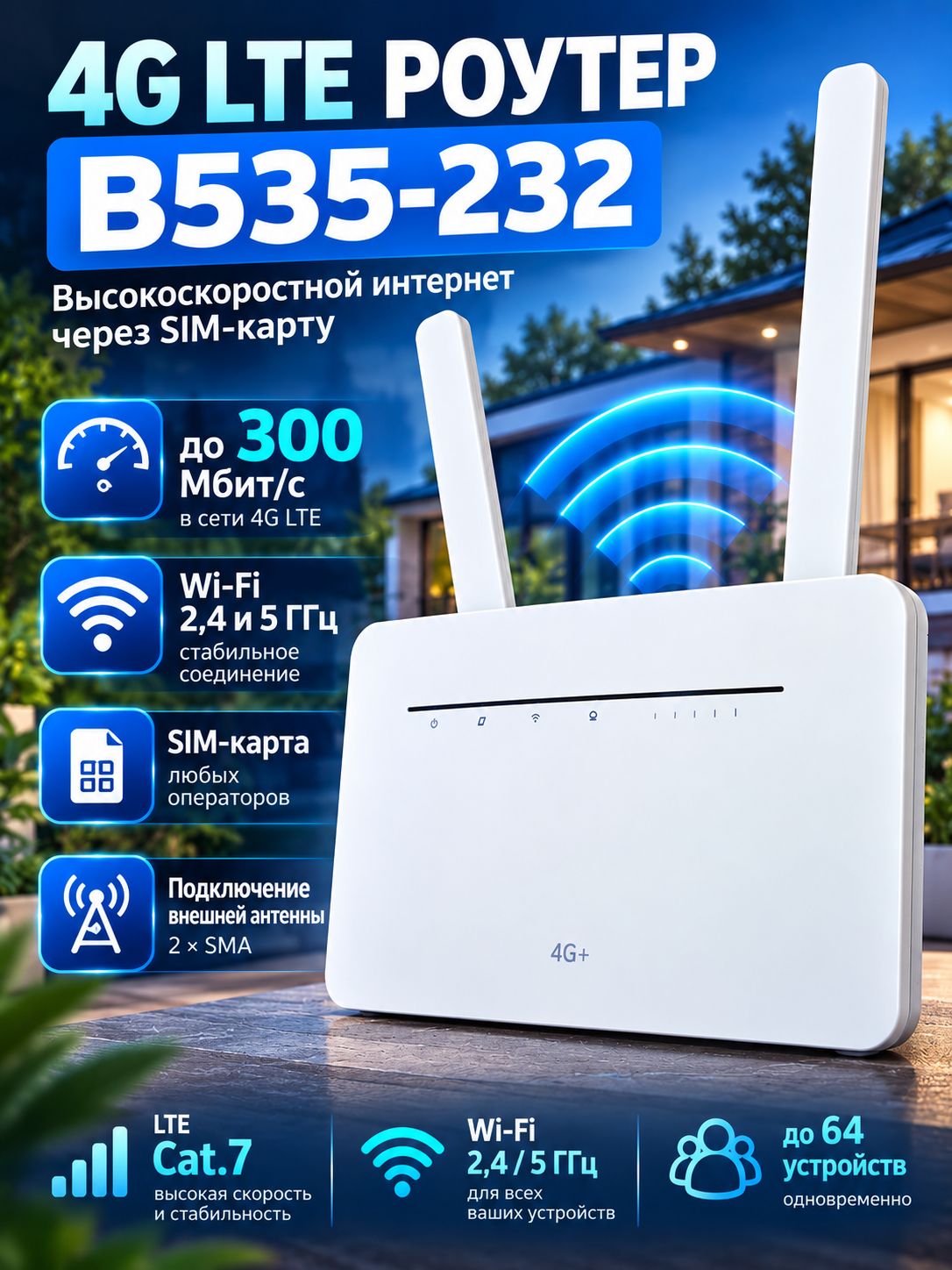 Роутер B535-232, 4G LTE Cat.7, Wi-Fi 2.4/5 ГГц, до 300 Мбит/с, SIM, 4 LAN, SMA
