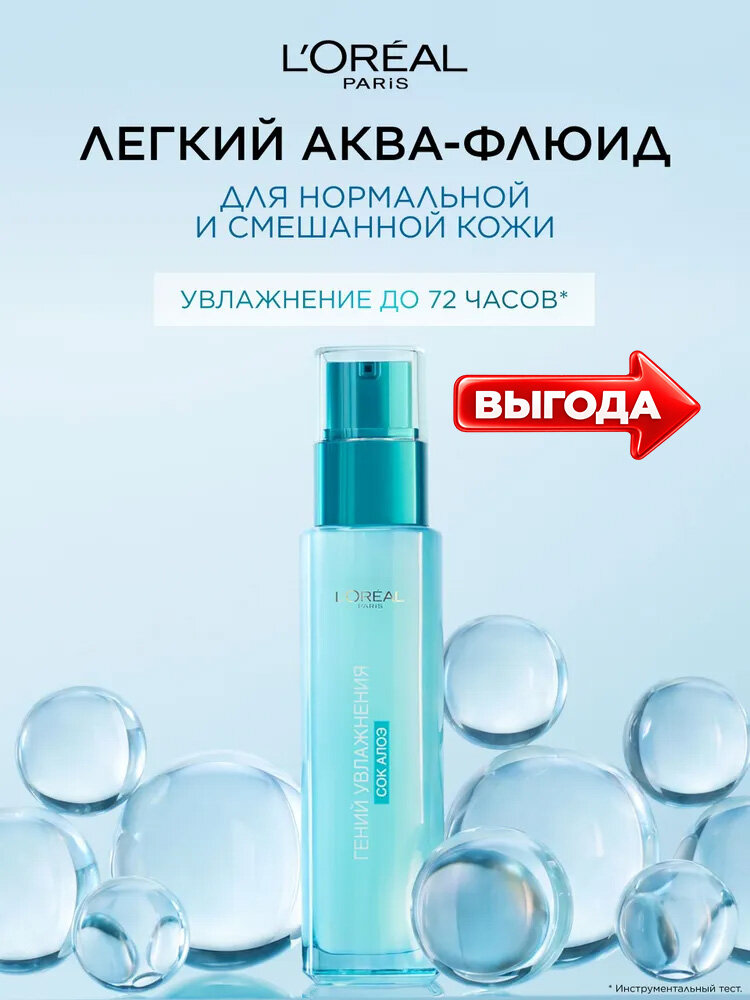 L'Oreal Paris Аква-флюид для лица "Гений Увлажнения" с гиалуроновой кислотой и экстрактом Алоэ для нормальной и смешанной кожи, 70 мл