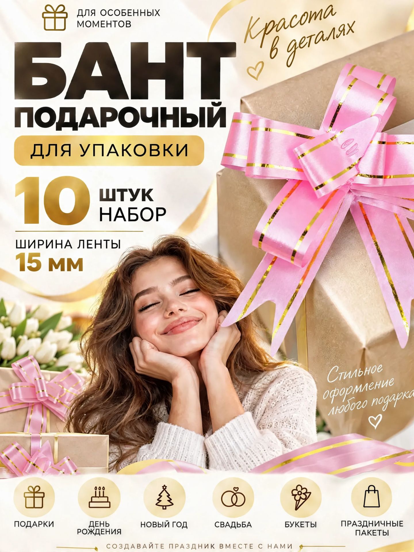 Бант подарочный, ширина 15 мм, 10 штук набор, розовый, бантик