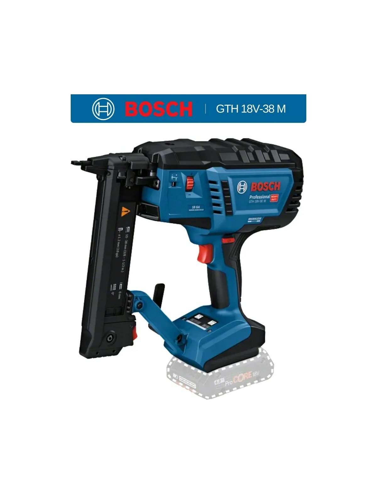Степлер по дереву Bosch GTH 18V-38 M, бесщеточный мотор, малая отдача, глубокая регулировка, без АКБ и ЗУ, арт. 0601482500