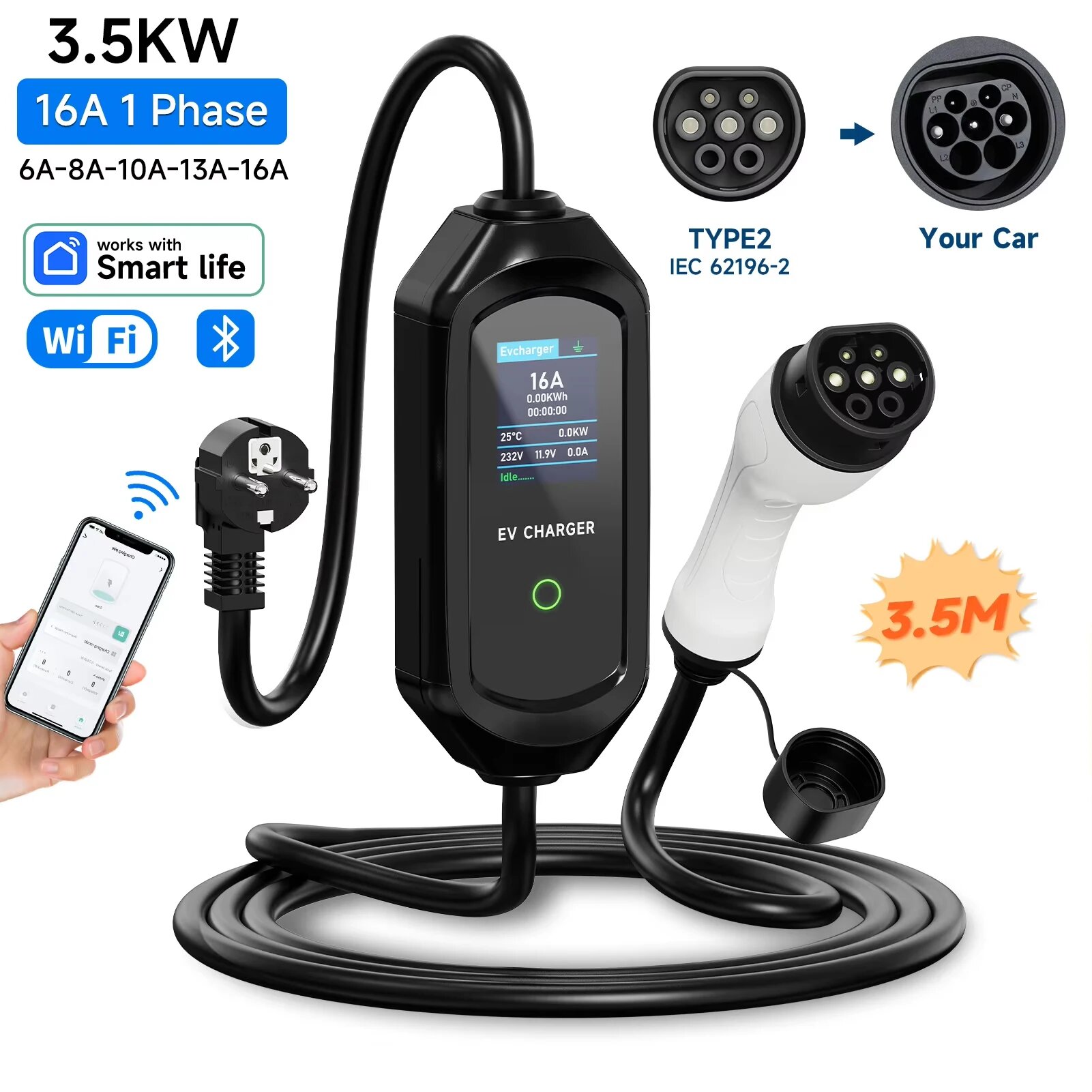 3.5kW Type2 16A EV Charger 3.5M WiFi