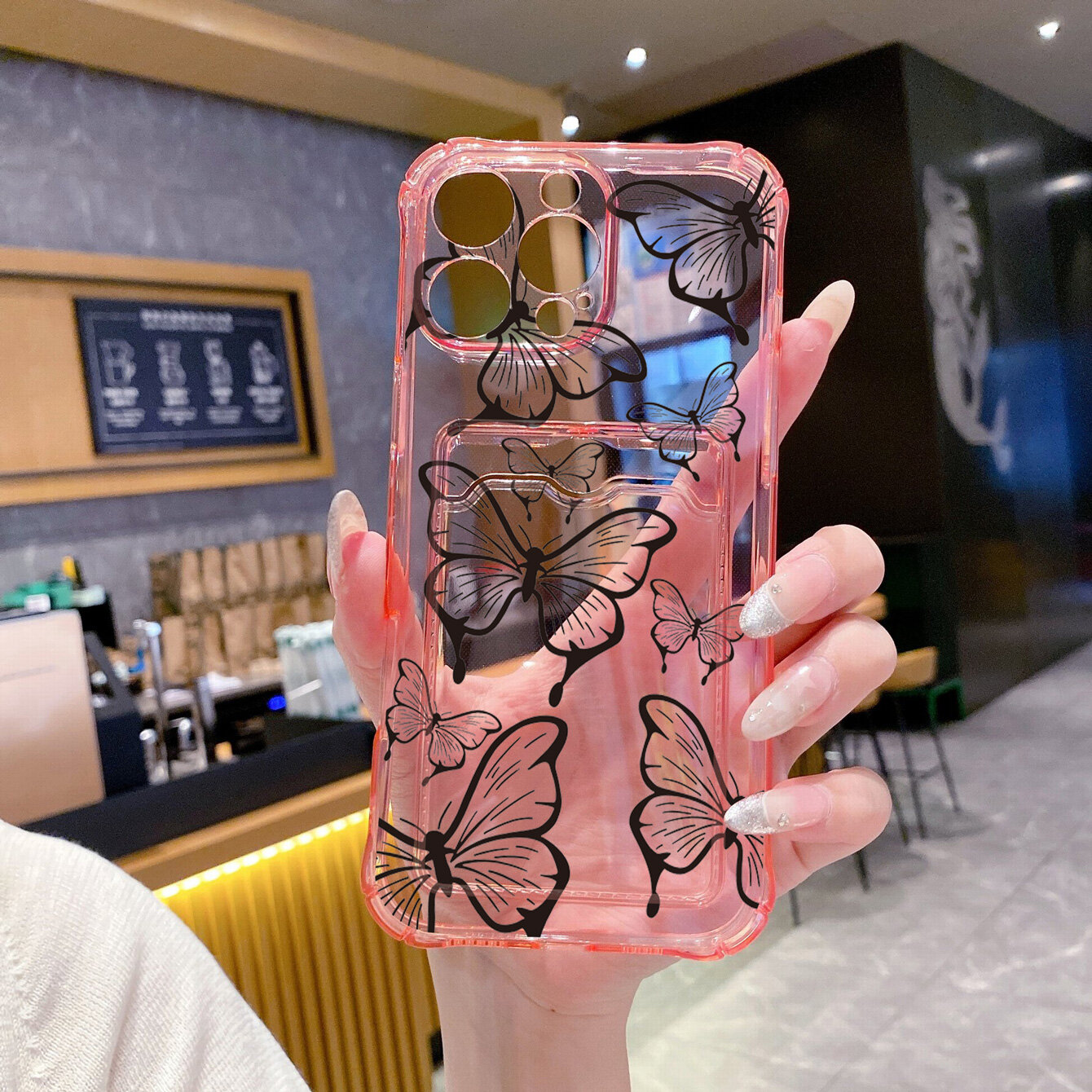 Чехол для iPhone 15 Pro Max(айфон 15 Про Max) с отделением для карт памяти, бабочкой-шнурком, мягкой прозрачной крышкой
