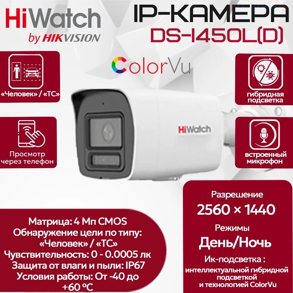 IP видеокамера HiWatch DS-I450L(D) (2.8mm), уличная 4МП - 2K 1/3" 2560x1440@20к/с ColorVu ИИ 3D DNR WDR до 120дБ H.265+ микрофон ИК до 30м угол 143гр IP67 microSD RJ45 PoE