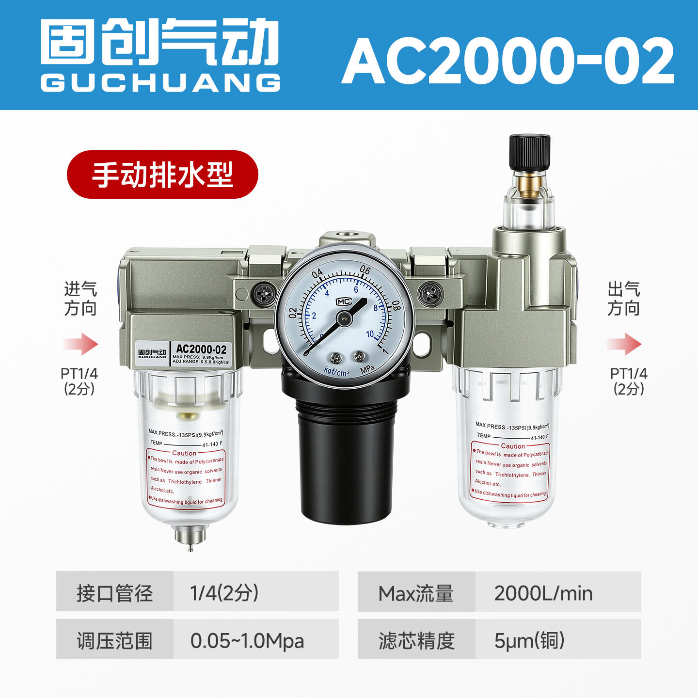 Блок подготовки сжатого воздуха SMC AC2000-02 с ручным сливом 3-в-1 пневмокомпоненты фильтр регулятор смазчик