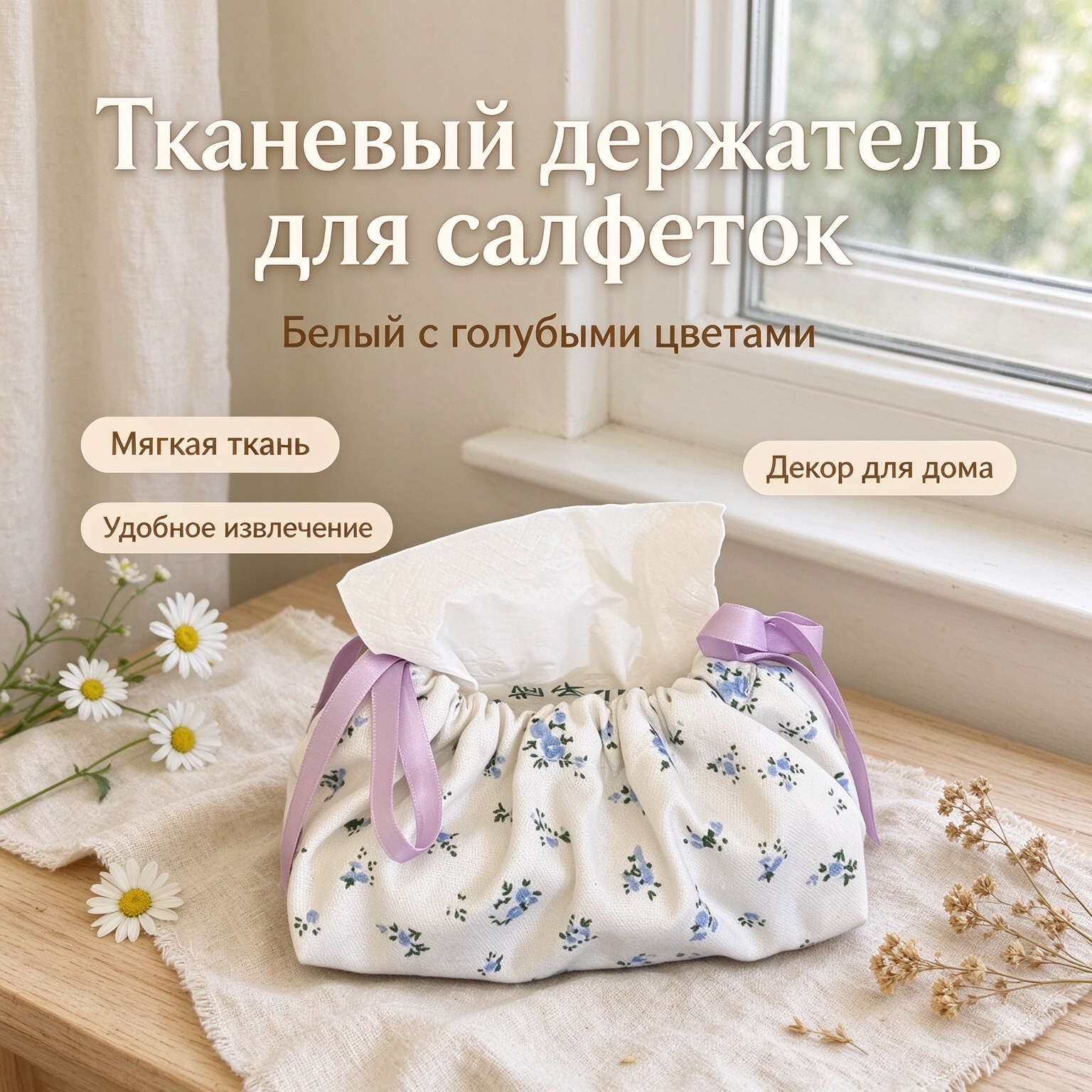 Тканевый держатель для салфеток с атласными лентами, милый чехол для бумажных салфеток, для дома, спальни и автомобиля