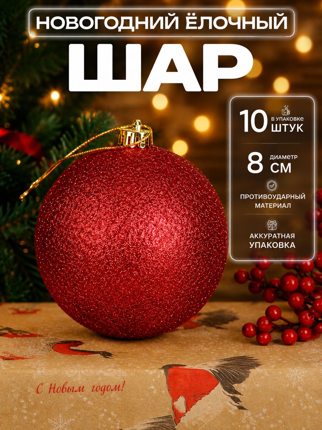 Елочный шар 8 см красный 10 шт