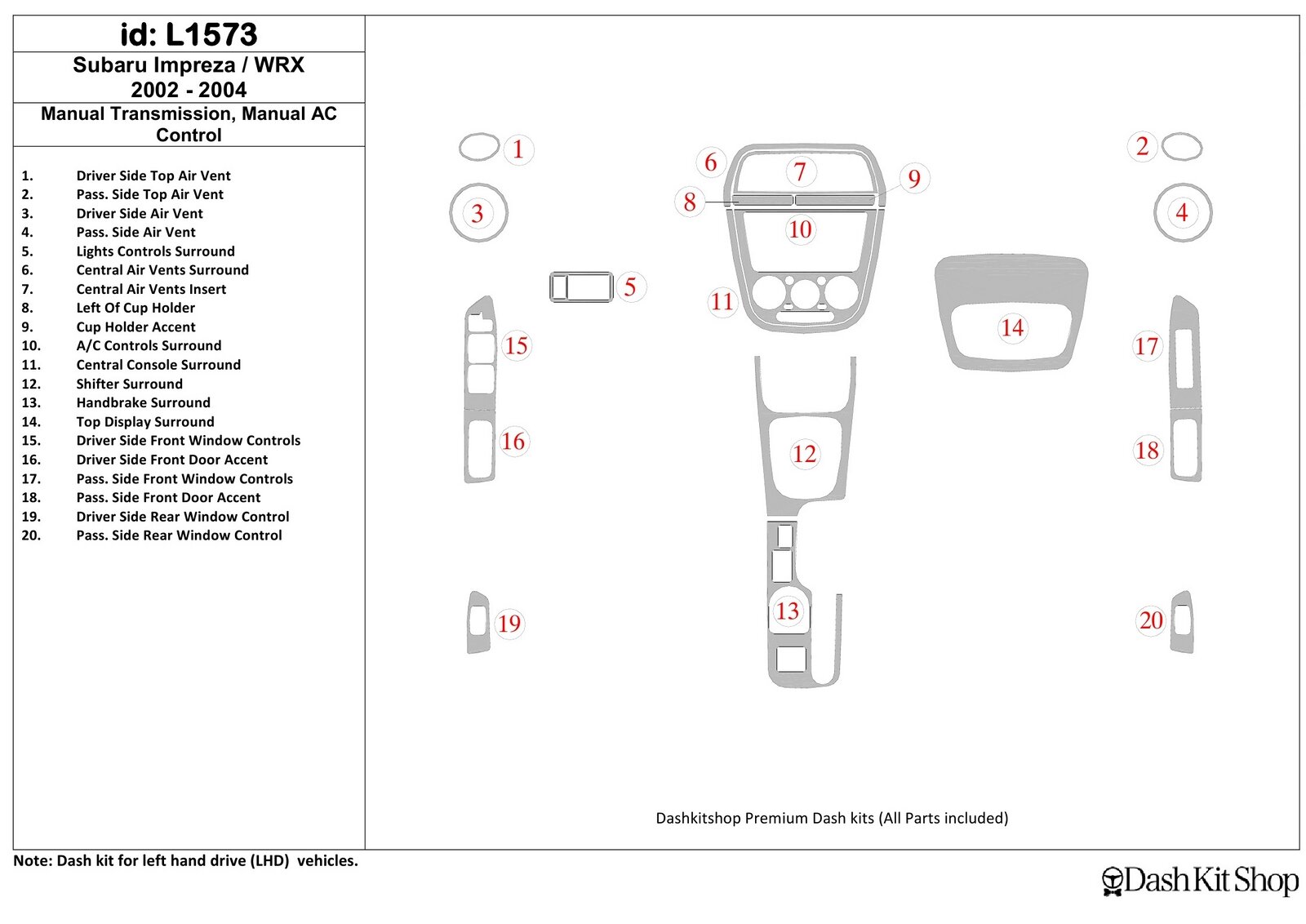 Декоративные накладки салона для Subaru Impreza/WRX 2002-2004. Комплект L1573.