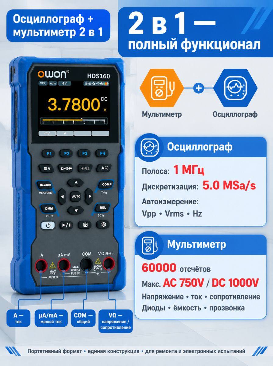 Осциллограф-мультиметр OWON HDS160, 2 в 1, 1 МГц, 5.0 MSa/s, 60000 отсчетов, True RMS, CAT III 1000V, портативный, для ремонта электроники
