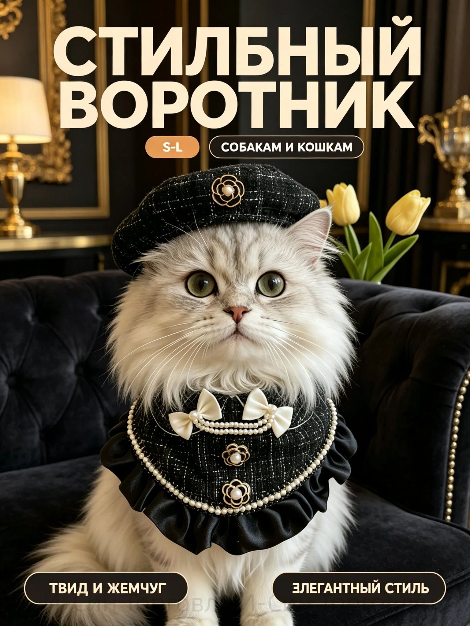 Воротник и берет для кошек и маленьких собак, комплект аксессуаров с бантом и жемчужным декором, праздничный наряд для питомца