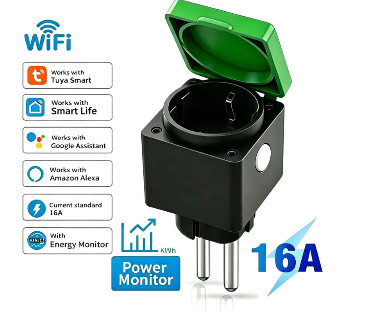 Умная уличная розетка Wi-Fi и Zigbee 3.0 с таймером и измерением энергопотребления, 16А, 3840 Вт, европейский стандарт, погодостойкий пластиковый корпус, 1 шт.