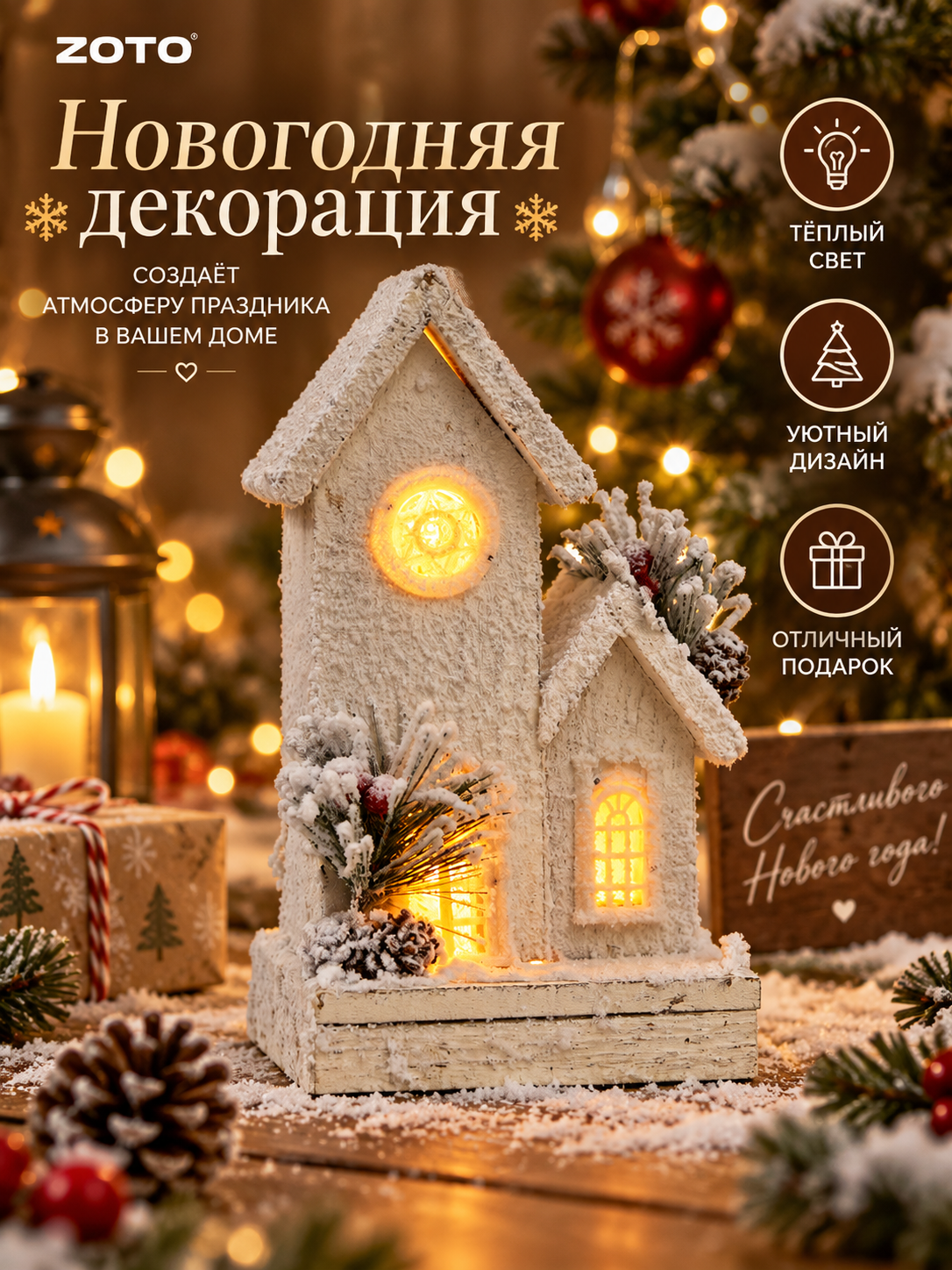 Новогодний декор деревянный светящийся, елка домик с подсветкой, на батарейках, на подоконник, для витрин кафе