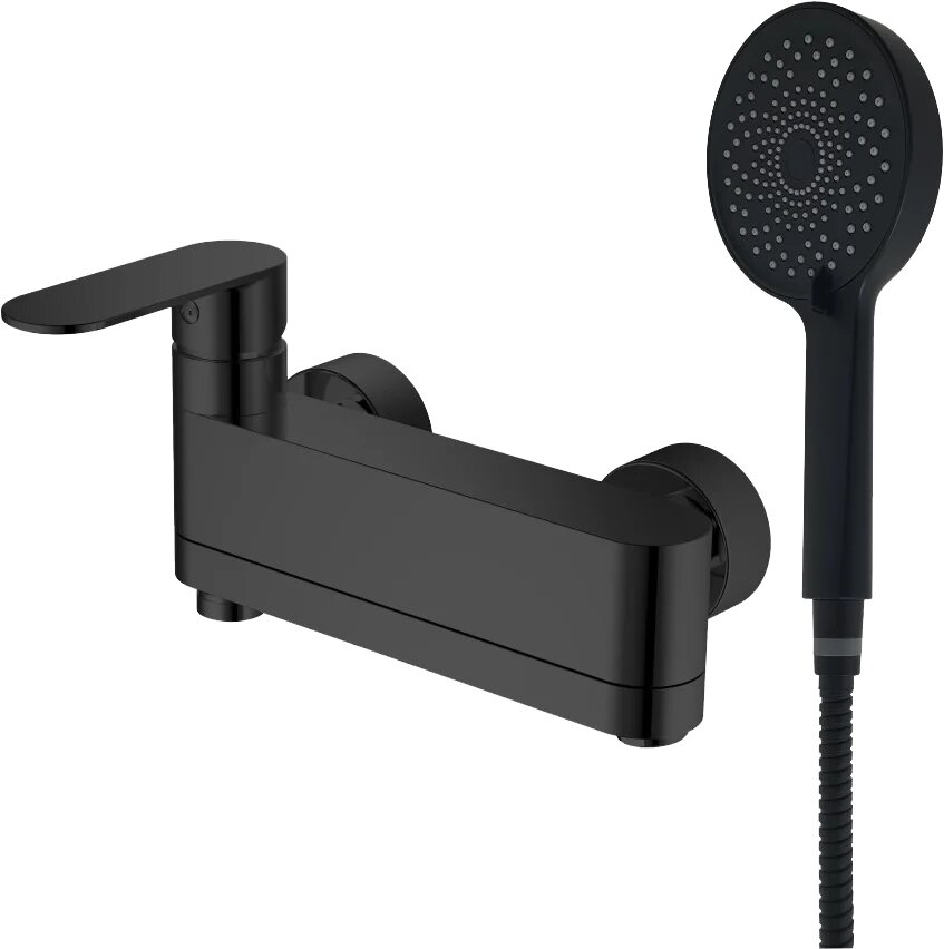 Смеситель для ванны с душем Haiba HB61590-7 с душевым гарнитуром, настенный, однорычажный, с поворотным изливом, черный, матовый, латунный, с керами