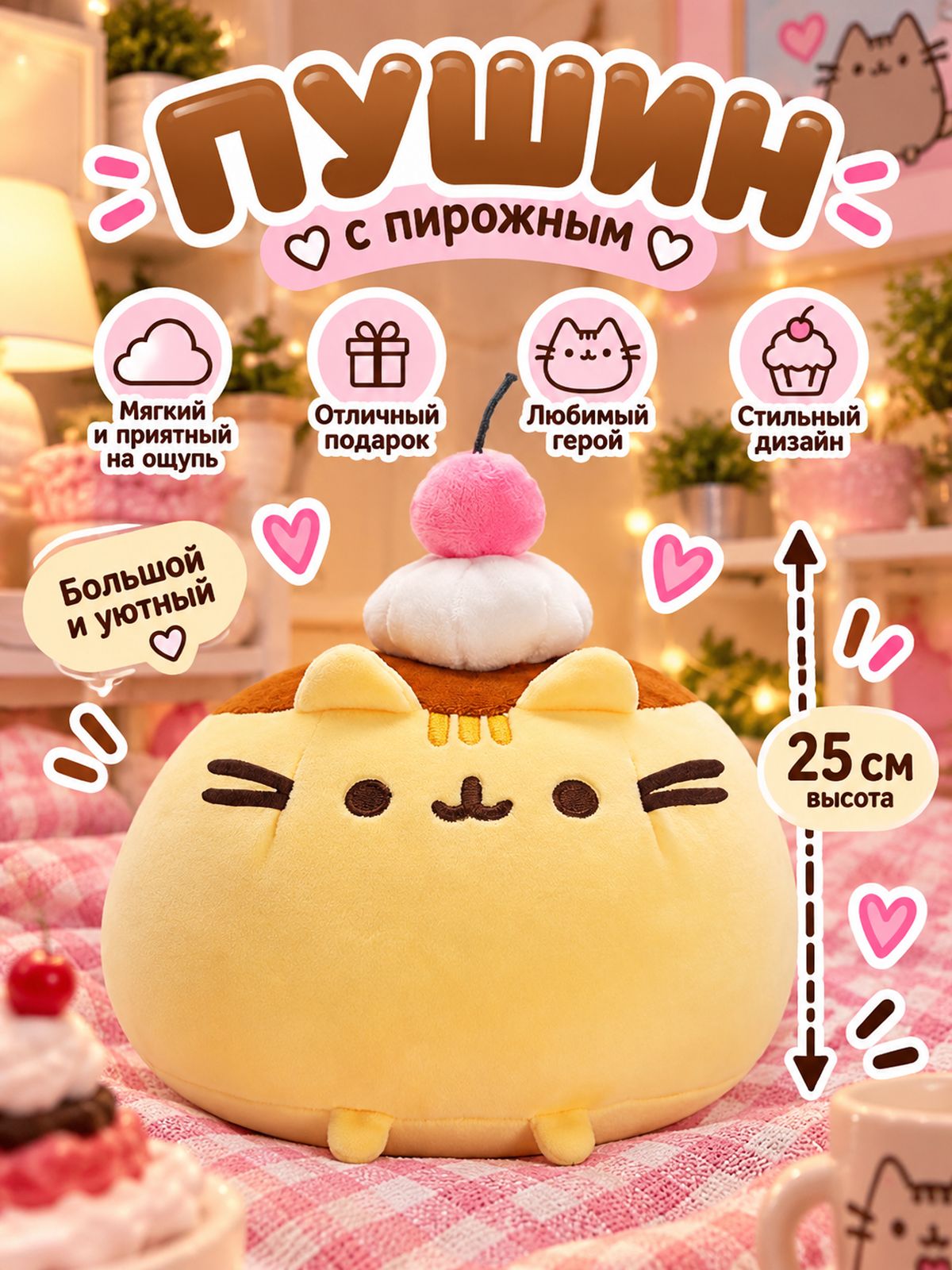 Мягкая игрушка Кот Пушин с пирожным 25 см / Плюшевый котик Pusheen Cat, бежевый