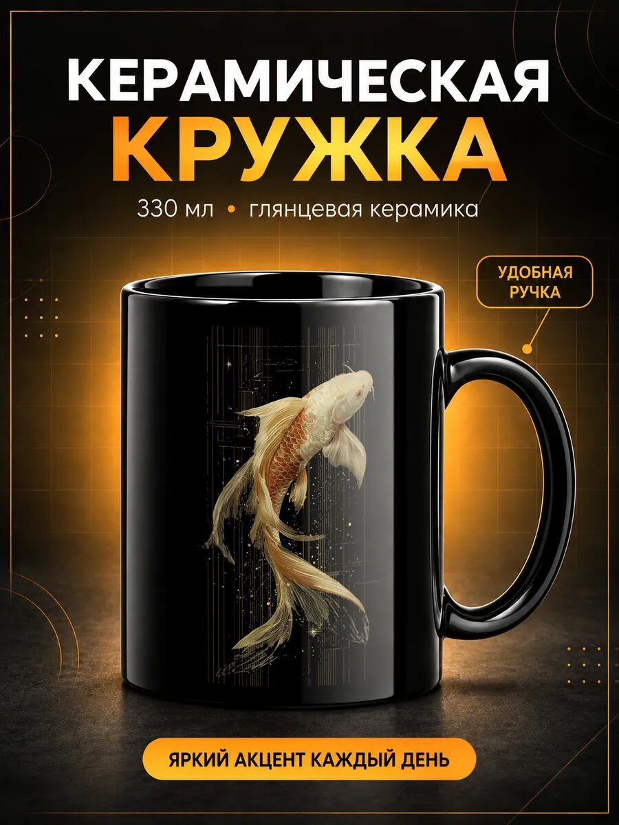 Кружка керамическая TOP CUP, Золотой карп, чёрная, 330 мл, для чая и кофе