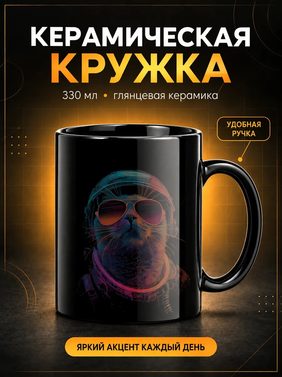 Кружка керамическая TOP CUP, Кот в шлеме, чёрная, 330 мл, для чая и кофе