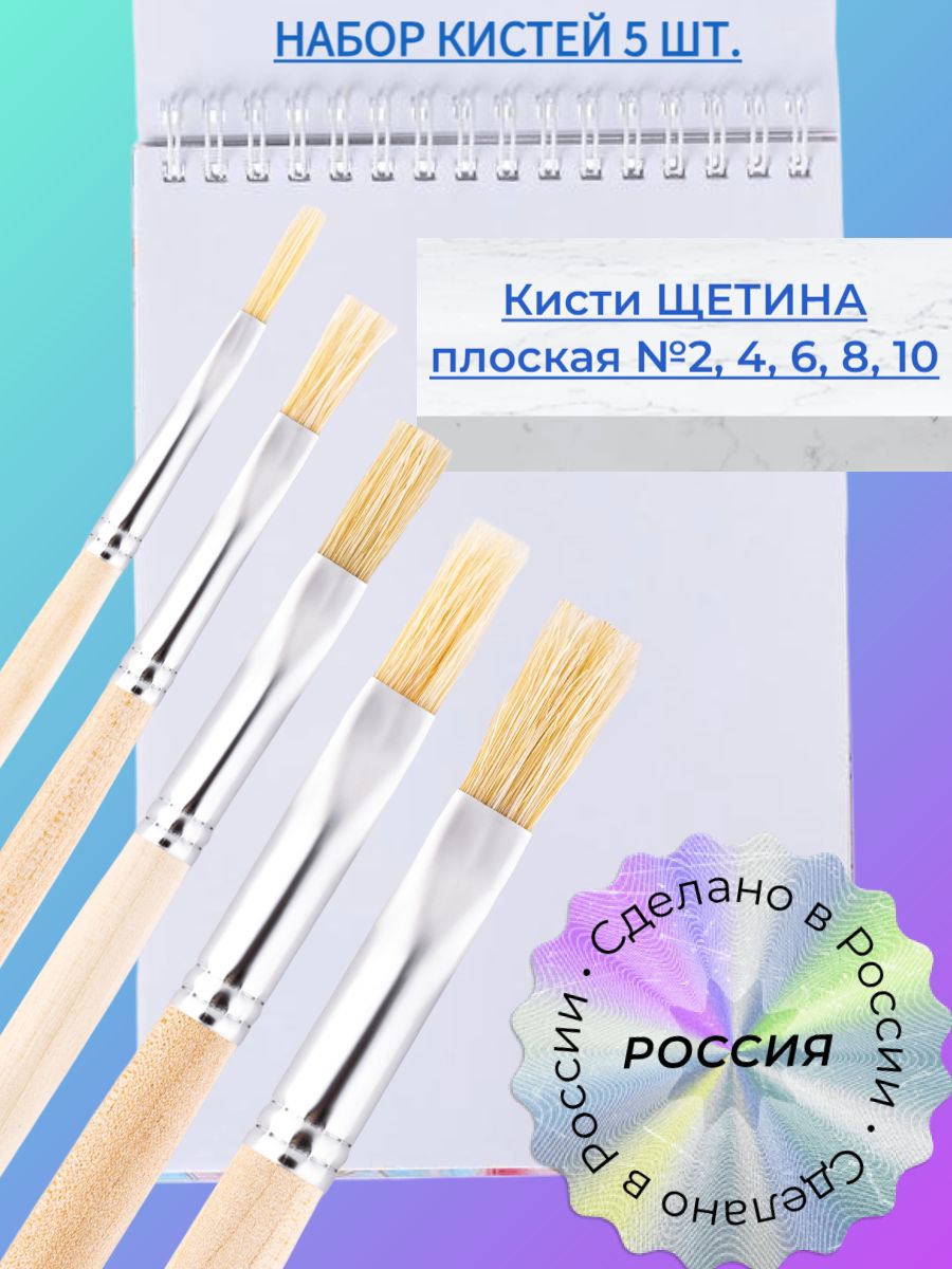 Набор кистей Щетина 5 шт: щет. пл. 2,4,6,8,10 россия для рисования, художественные кисточки для акварели, гуаши, акрила в школу