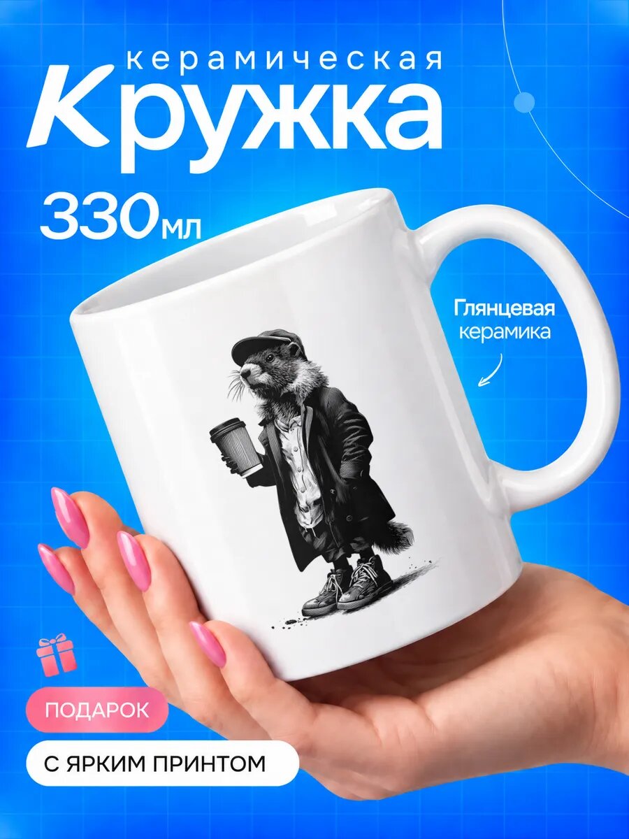 Кружка керамическая TOP CUP, С приколом бобер с кофе, белая, 330 мл