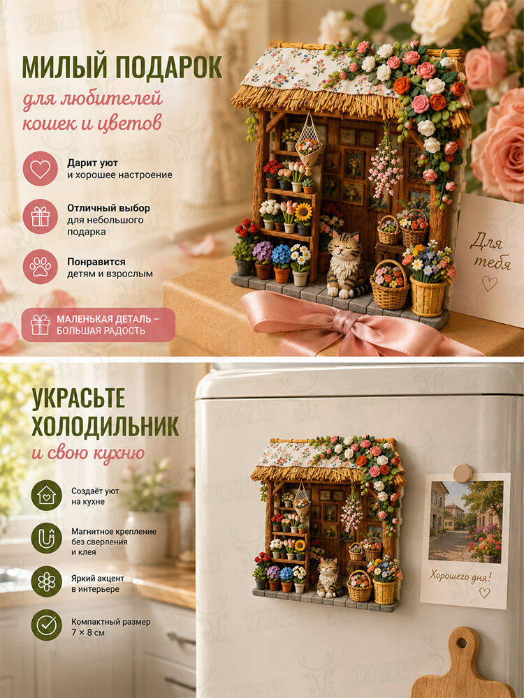 Объёмный магнит на холодильник Цветочная лавка с котиком , декоративная миниатюра с цветами, 7 8 см