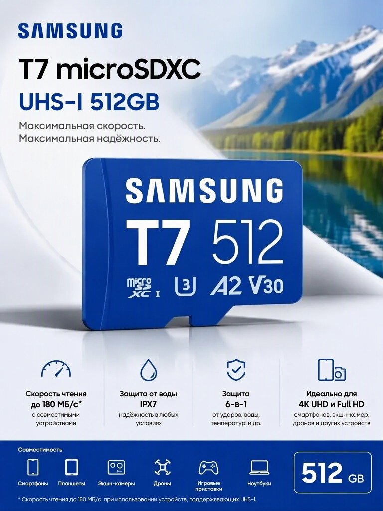 Карта памяти Samsung T7 microSDXC UHS-I 512GB V30 A2, высокоскоростная TF карта для дронов и экшн-камер