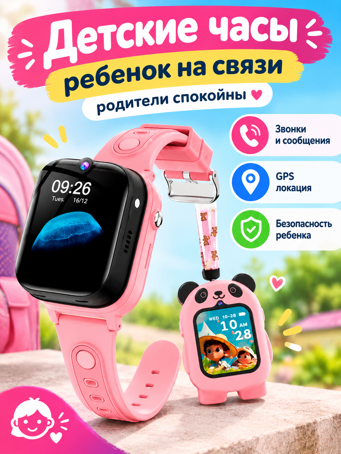 Смарт часы 2026 + чехол-мишка , умные часы с сим картой 4G, GPS, видеозвонок, кнопка SOS, розовые