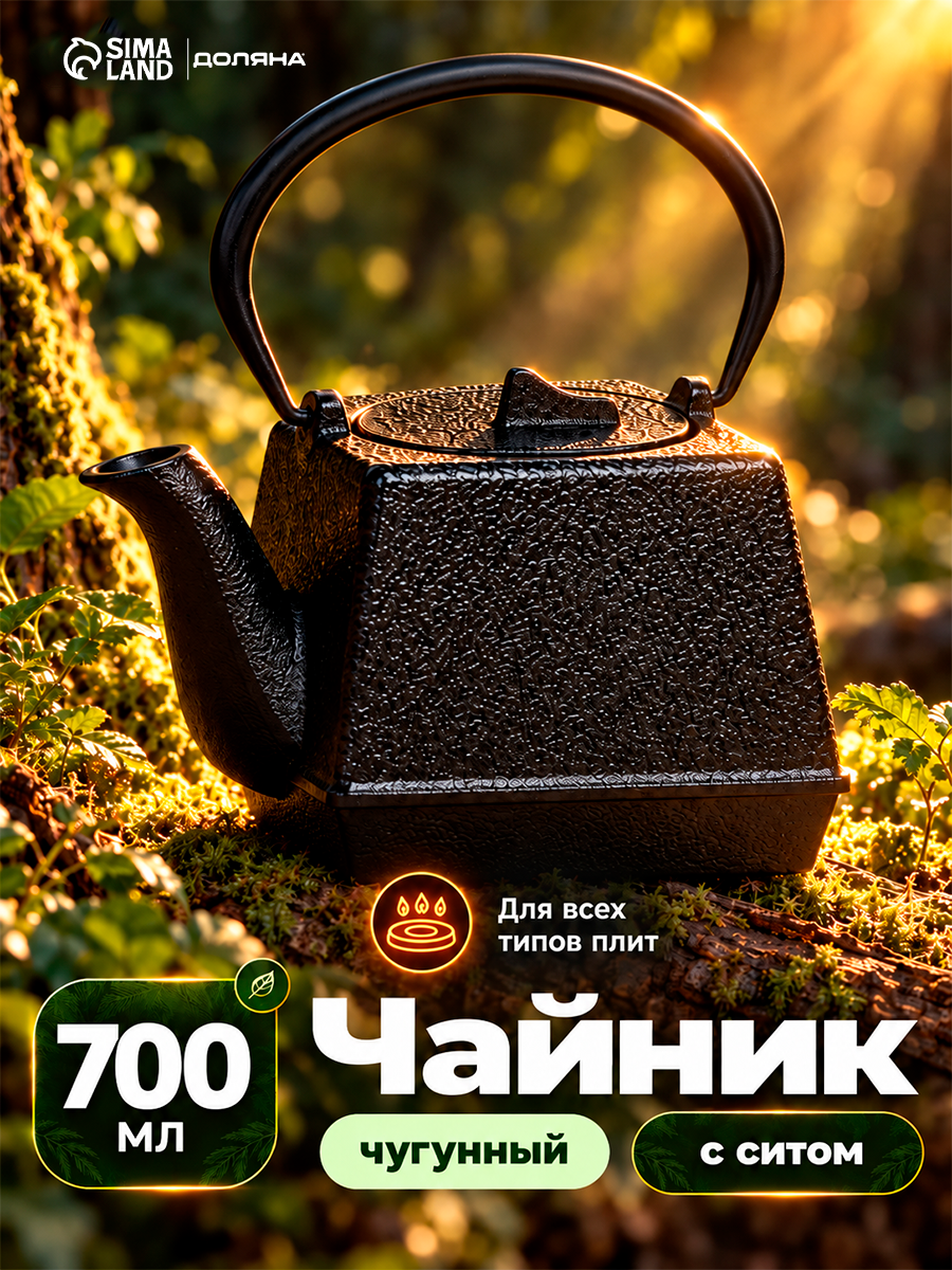 Чайник чугунный Доляна «Бокей. Этно», 700 мл, с ситом, с эмалированным покрытием, цвет чёрный