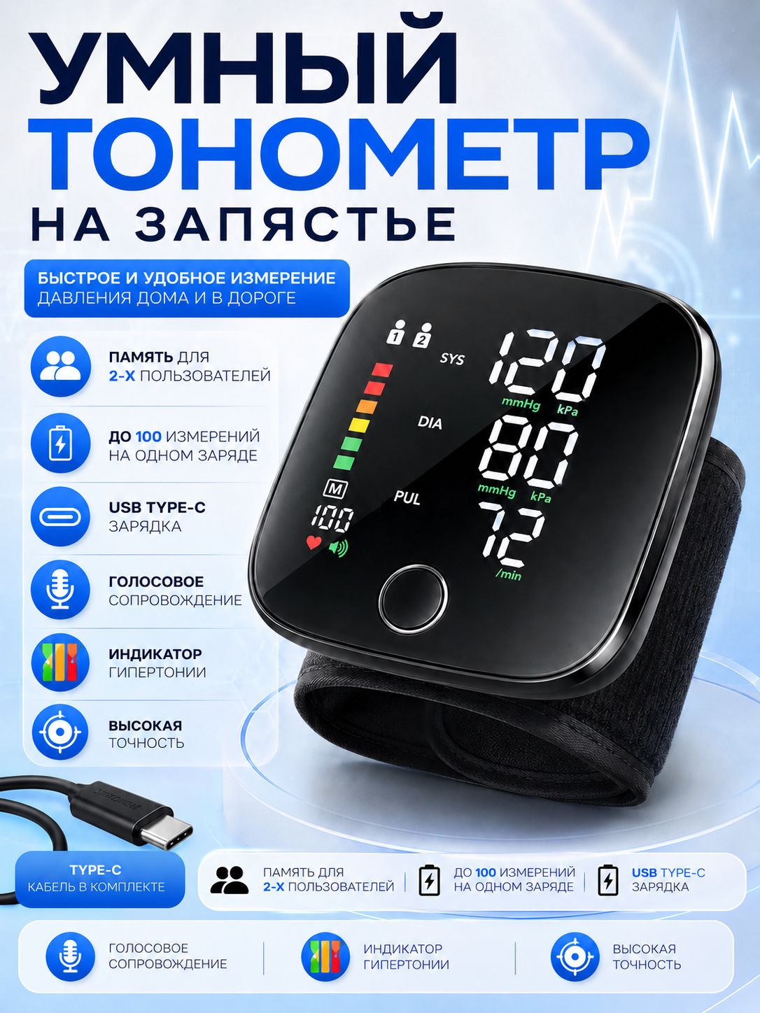 Тонометр на запястье автоматический умный с голосовым сопровождением, USB Type-C зарядка, индикатор гипертонии, для дома и поездок