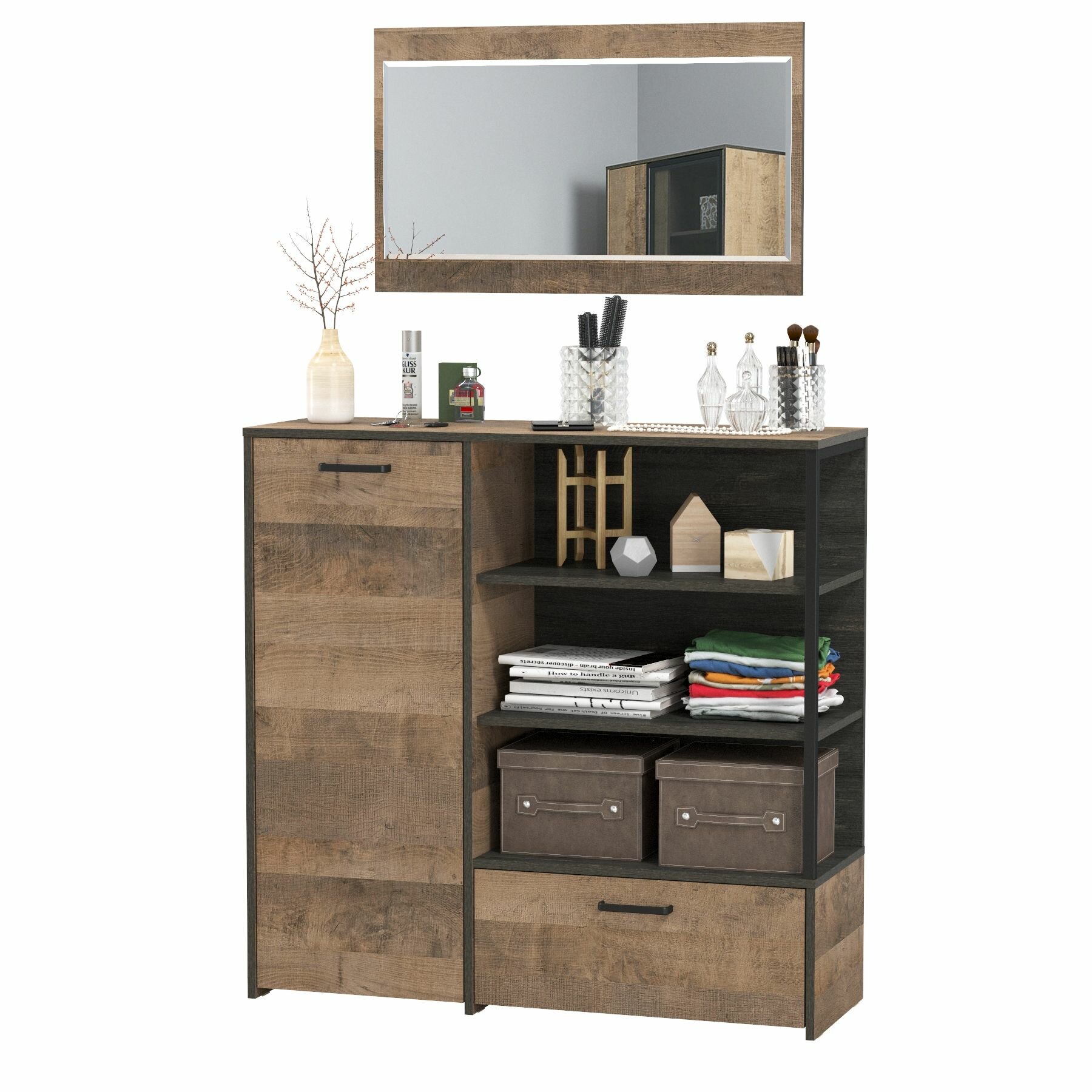 Комод с дверкой и ящиком и зеркало Трувор, цвет дуб гранж песочный/интра, 109х36,9х195 см, ун. сб.