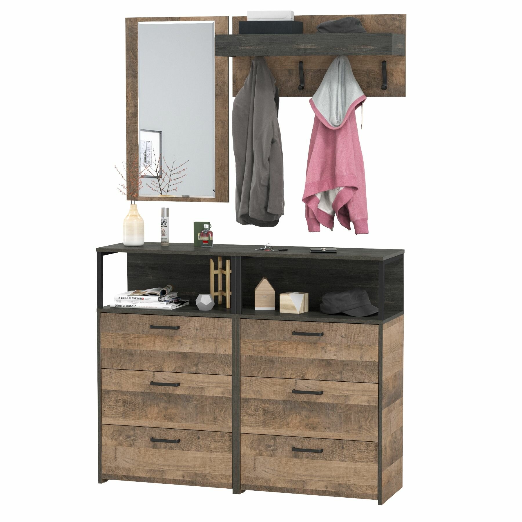 Вешалка для одежды с зеркалом для прихожей и два комода с нишей Трувор, цвет дуб гранж песочный/интра 132х37х195 см.