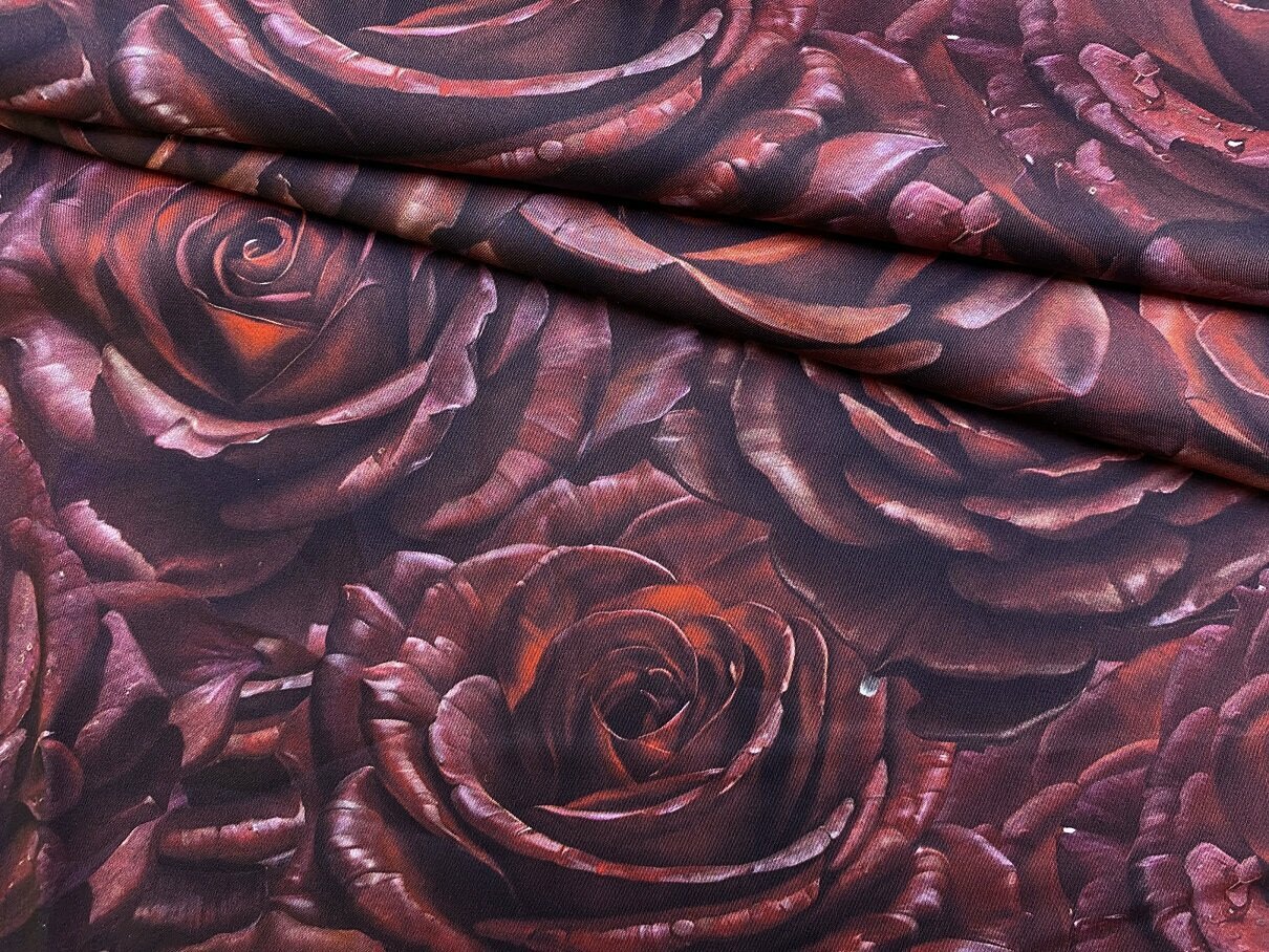 Ткань Хлопок бордового цвета с принтом розы 16904