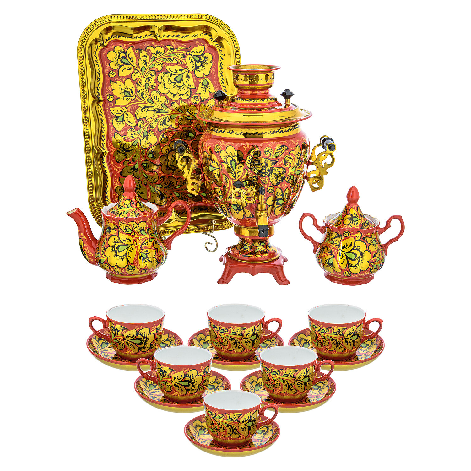 Самовар электрический 3 л с сервизом "Кудрина". Хохлома