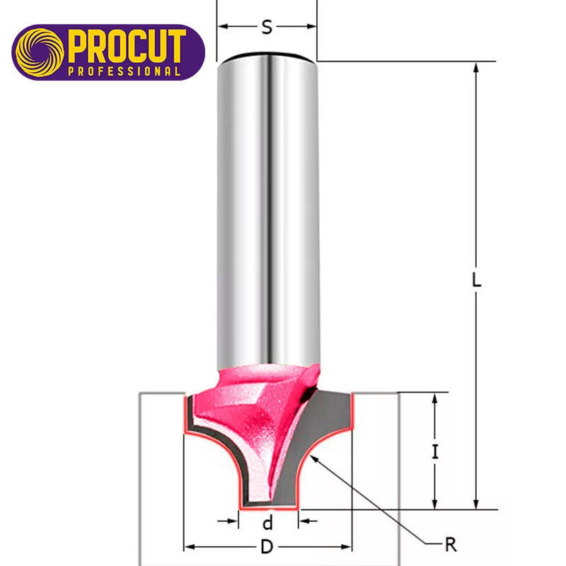 Фреза врезная радиусная (псевдофиленка) R=12 i1=14 d1=6 D=30x19x50 S=6 PROCUT PROFESSIONAL A1206