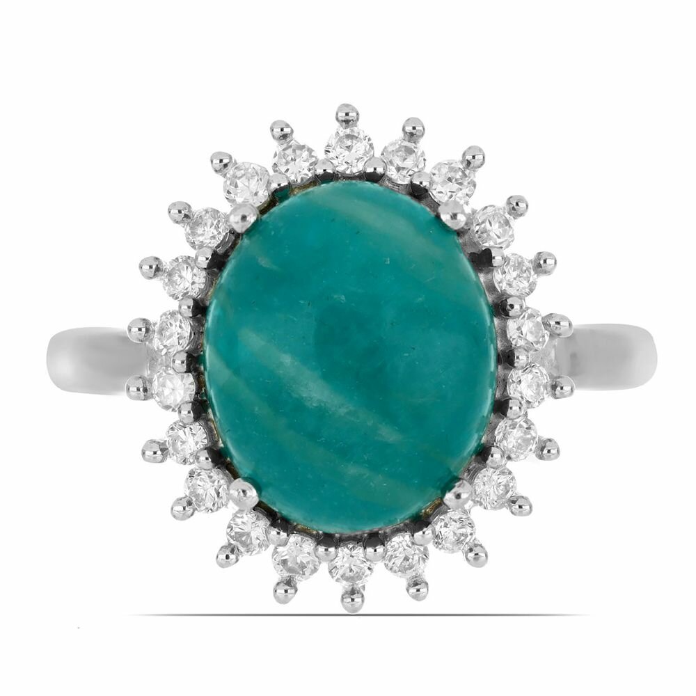 Кольцо, серебро, 925 проба, родирование, фианит, амазонит